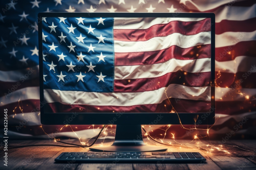 American flag displayed on a computer screen. Generative AI Technology ...