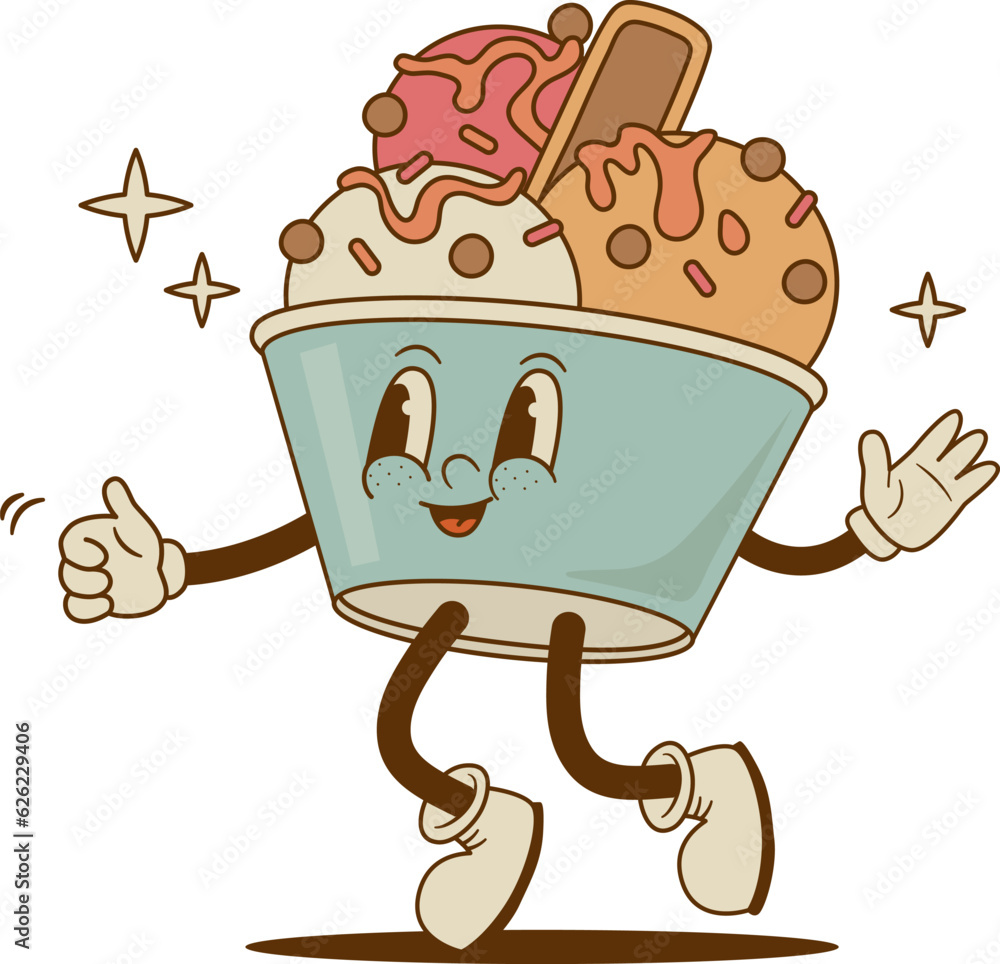 Retro cartoon funny Ice cream character, cute mascot. Vintage frozen ...