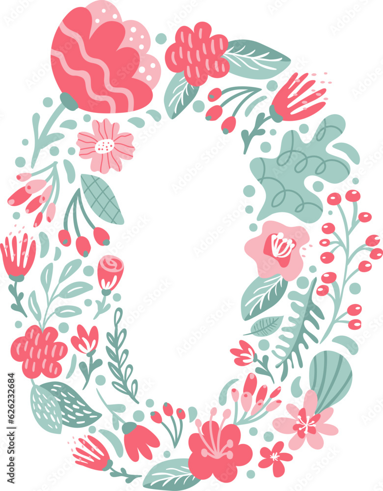 Vector Hand Drawn Font Number 0 zero with Flowers and Branches Blossom ...