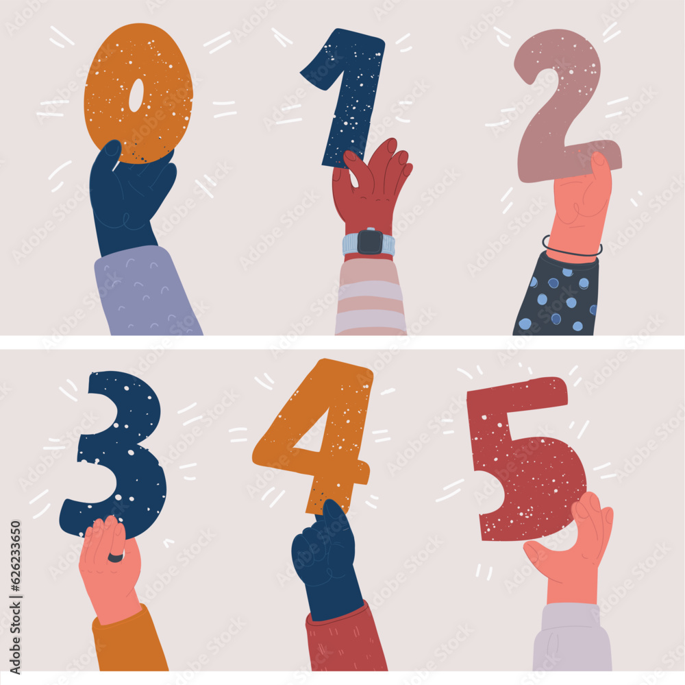Vector illustration of Numbers in hands. Numeric scorecard for judge ...