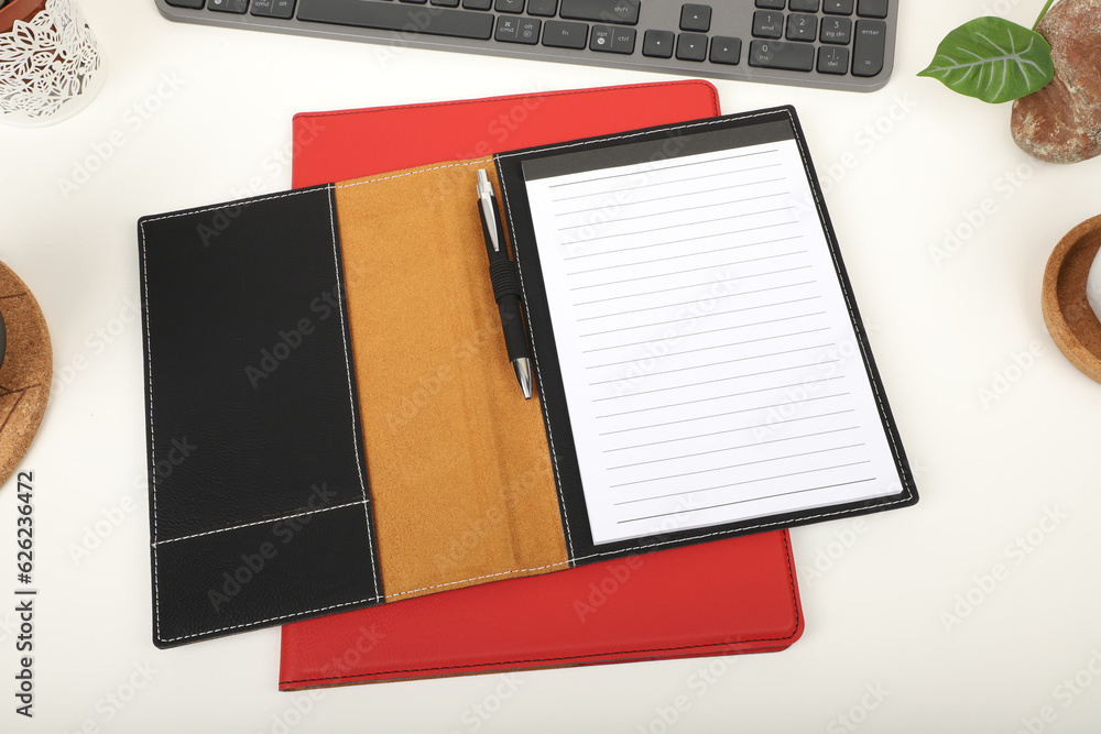 agenda in black and red colors on computer desktop, free space on ...