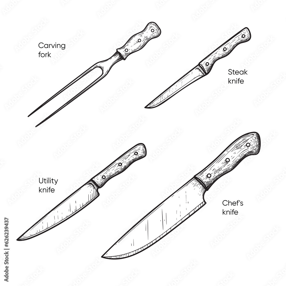 Hand drawn sketch style knives set. Carving fork, Steak, Utility and ...
