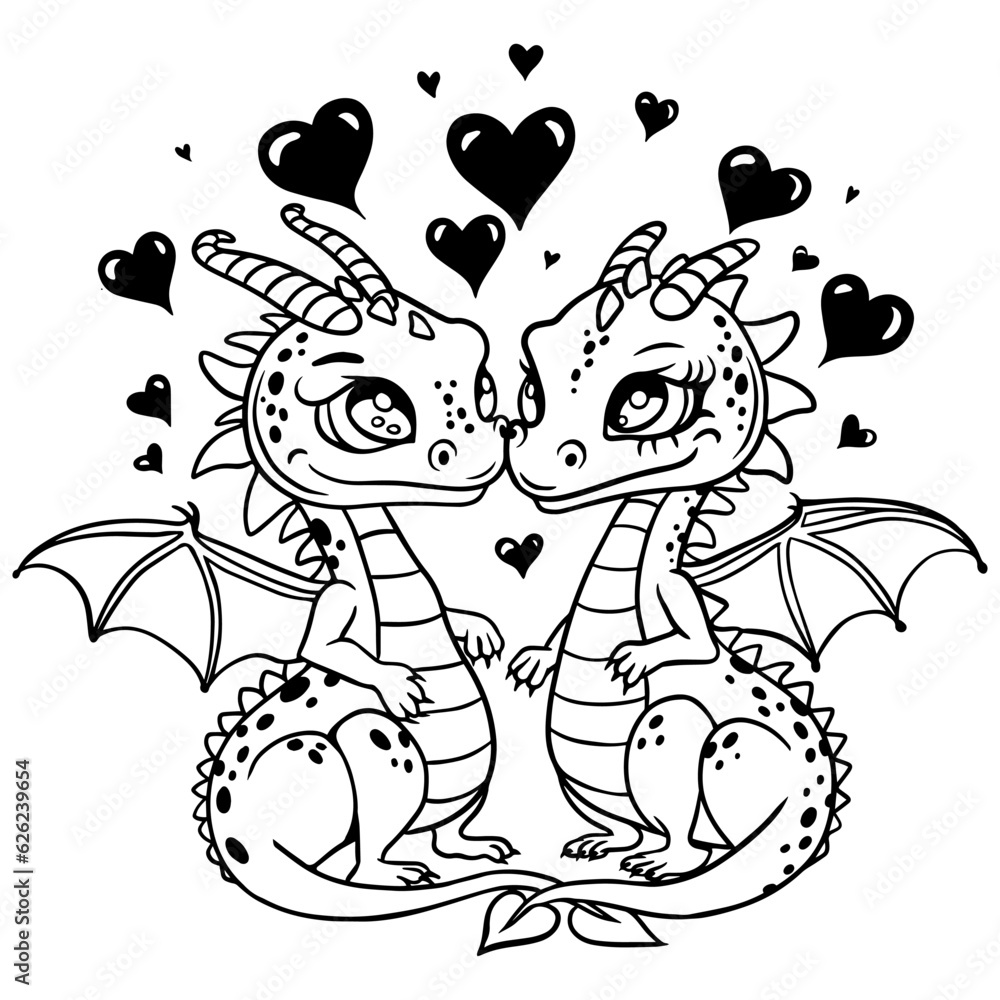 Two cute dragons, couple of mythical creatures in love.Cute cartoon ...