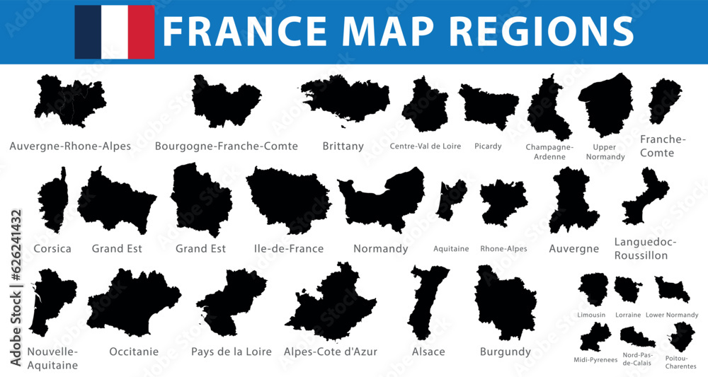 Map of France regions map set outline silhouette graphic element ...