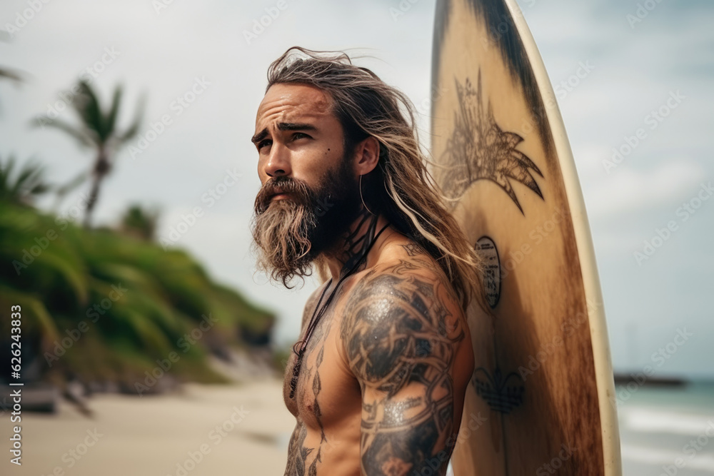Sexy surfer with surfboard on the beach. Handsome, tattooed man holding ...