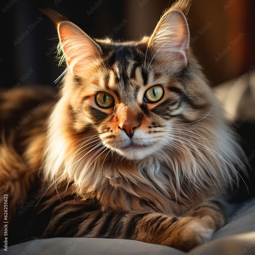 Portrait of a red Maine Coon cat lying on a sofa beside a window in a ...