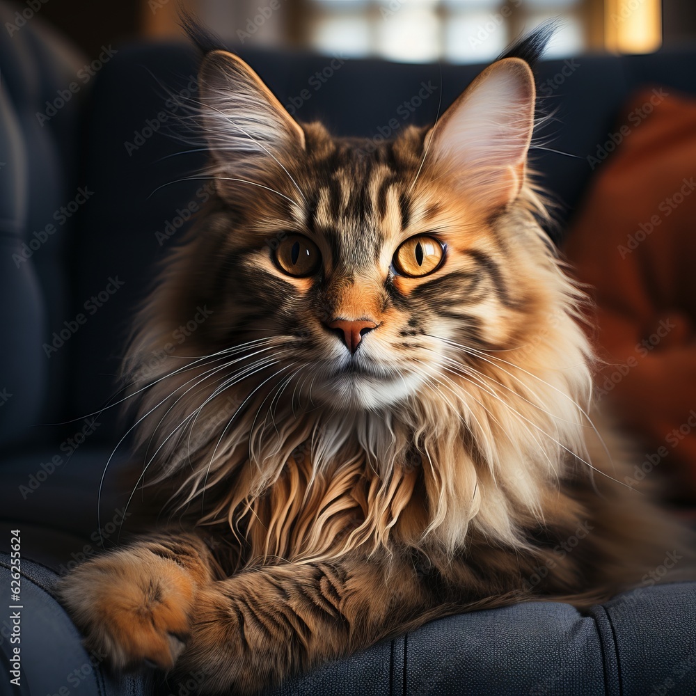 Portrait of a brown Maine Coon cat lying on a sofa beside a window in a ...