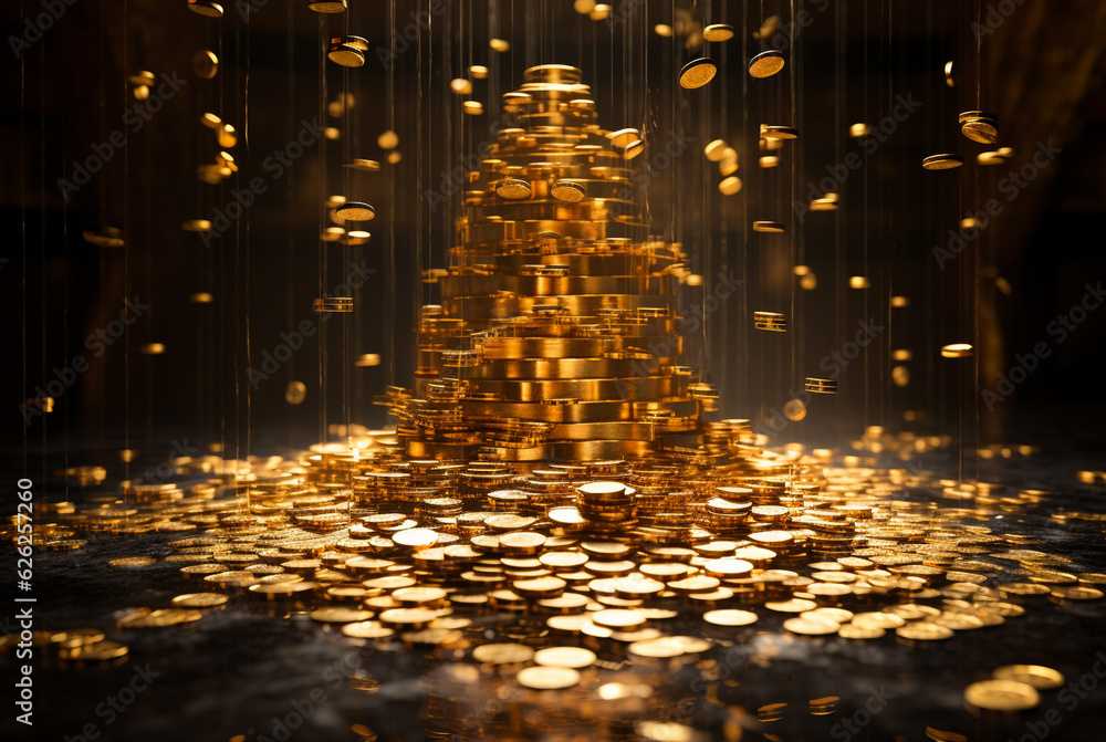 Fountain of gold coins raining on black background. Generative AI Stock Photo | Adobe Stock