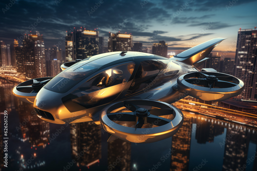 Air taxi and city view at night. Air vehicle. Personal air transport ...