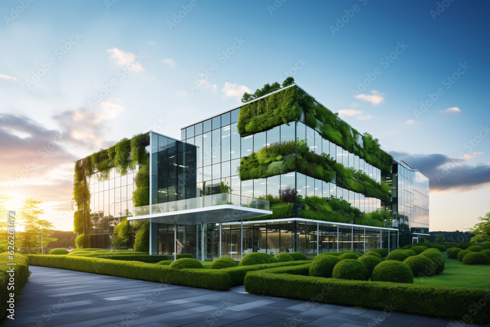 Eco-friendly building in the modern city. Sustainable glass office ...