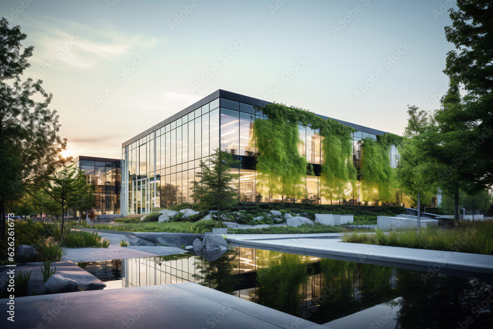 Eco-friendly building in the modern city. Sustainable glass office ...