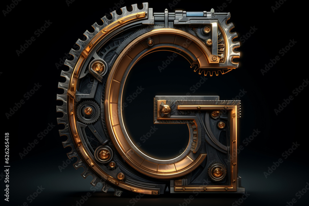 Shiny metal alphabet with gears and rivets isolated on black background ...