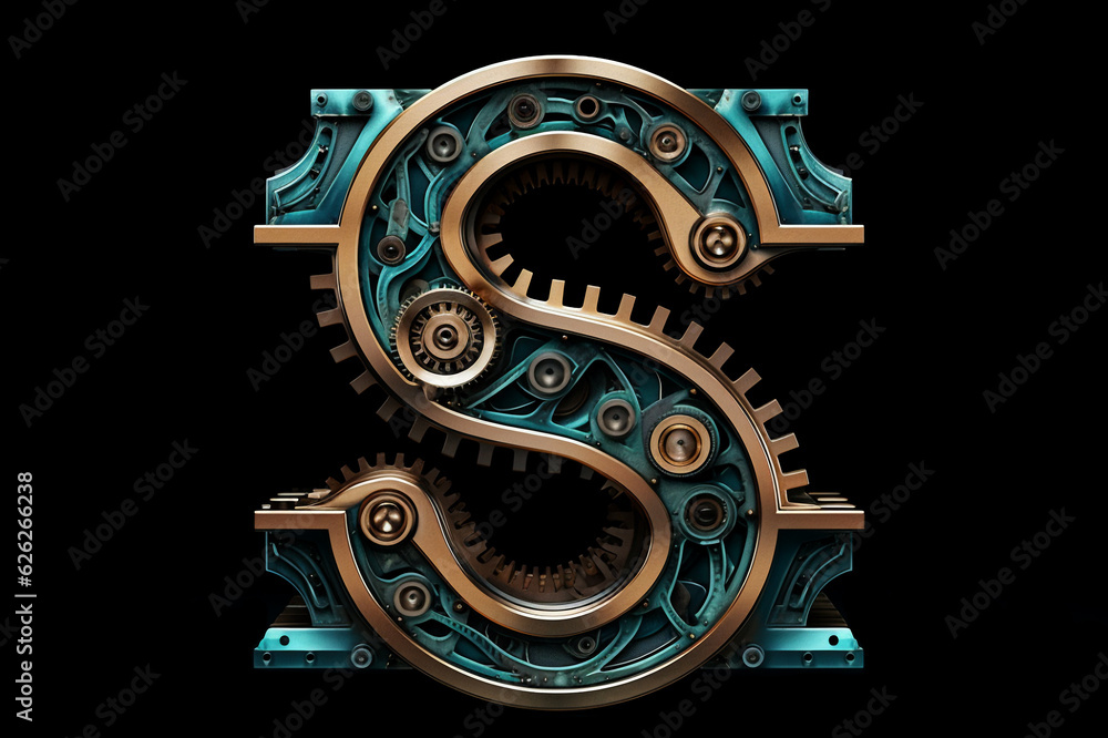 Shiny metal alphabet with gears and rivets isolated on black background ...