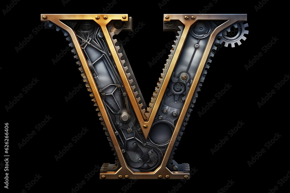 Shiny metal alphabet with gears and rivets isolated on black background ...