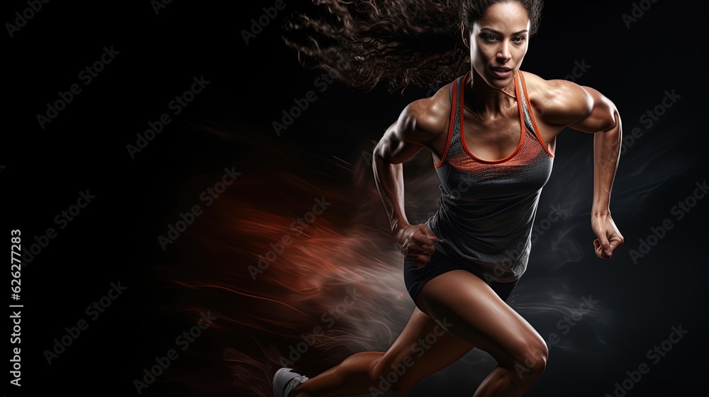 A strong athletic, woman sprinter, running on black background wearing ...