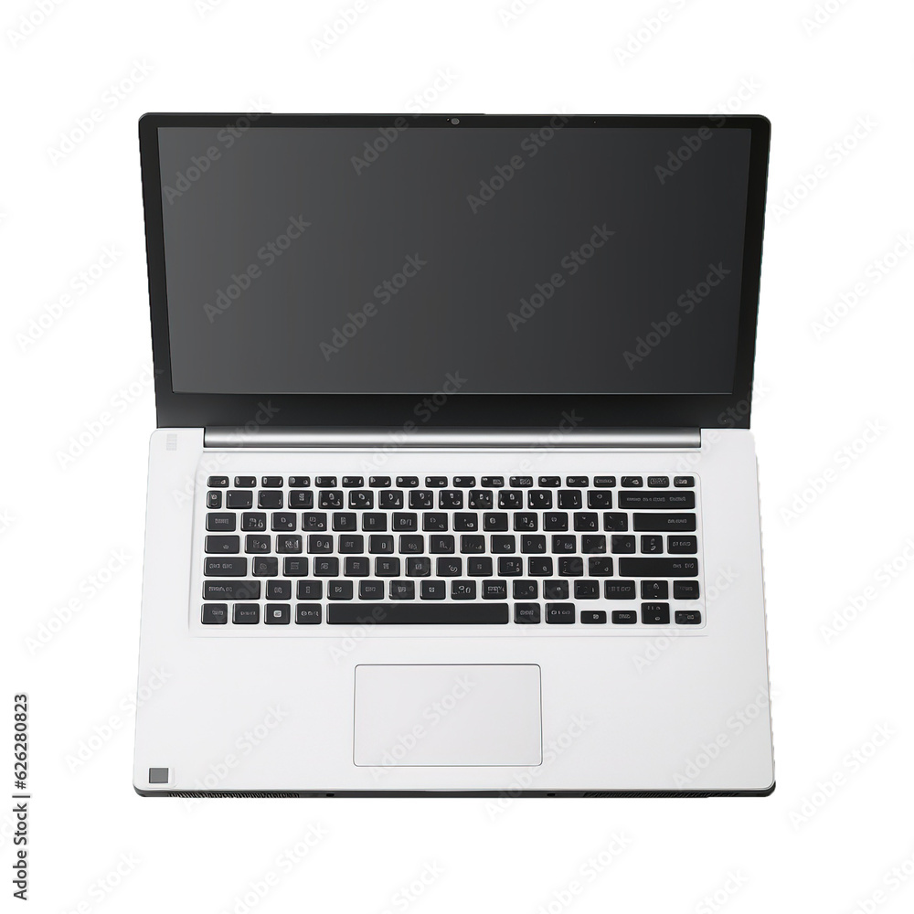 Laptop computer with white screen and angled keyboard, front and back ...