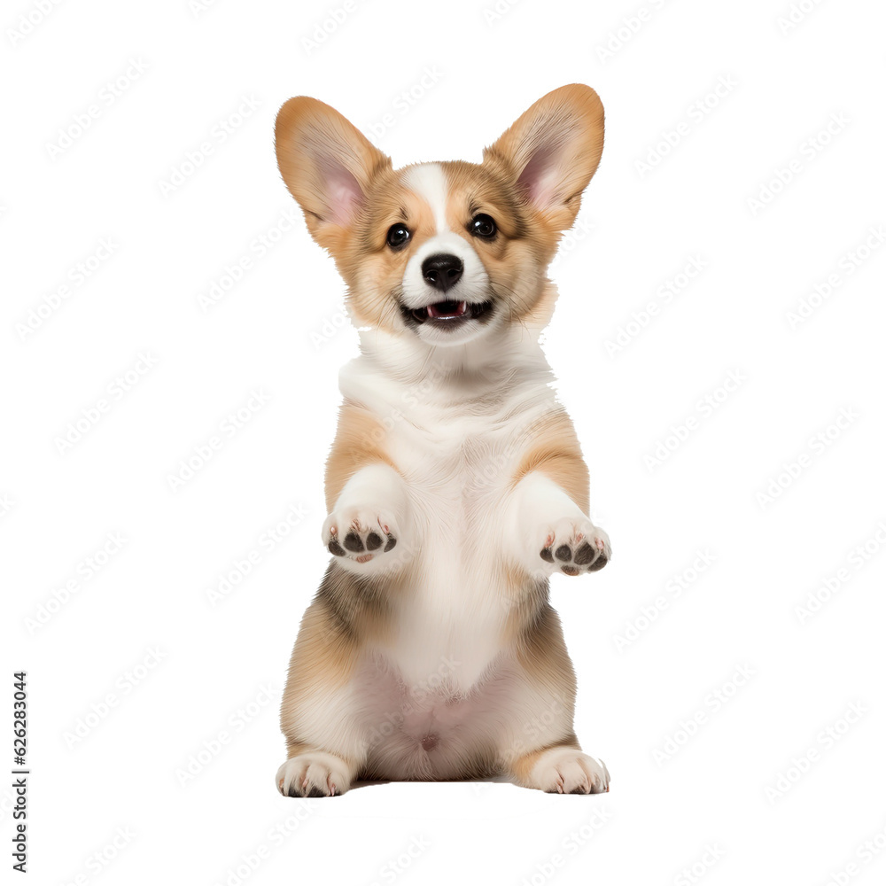 Portrait of a pembroke welsh corgi puppy standing on its hind legs in ...