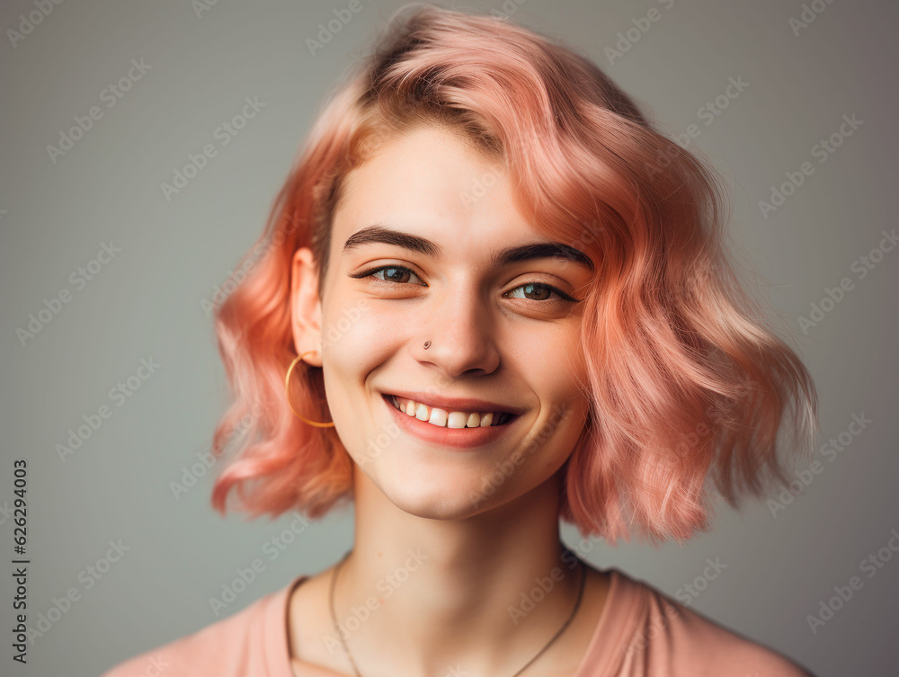 Cute smiling transgender girl with pink hair, isolated on gray ...