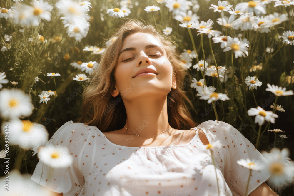 Beautiful Young Woman Lying In A Field Of Chamomile Flowers A Serenity