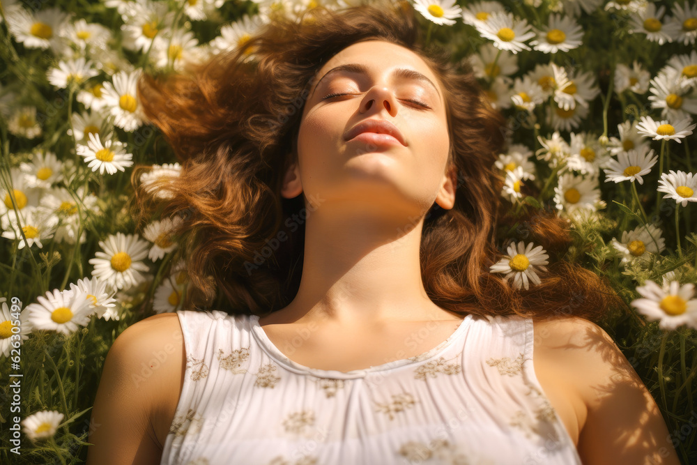 Beautiful young woman lying in a field of chamomile flowers. A serenity ...