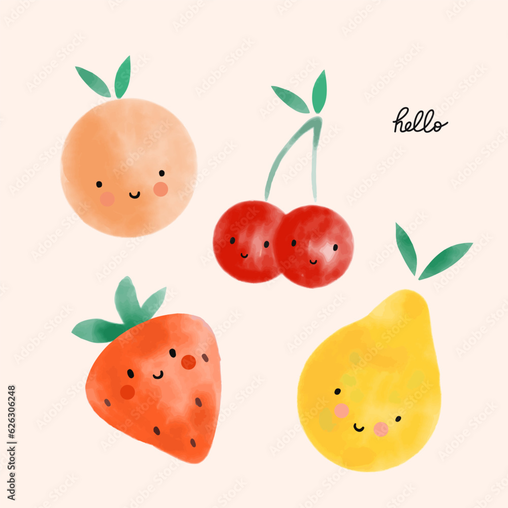 Watercolor fruits. Cute cartoon characters with eyes and smiles, peach ...