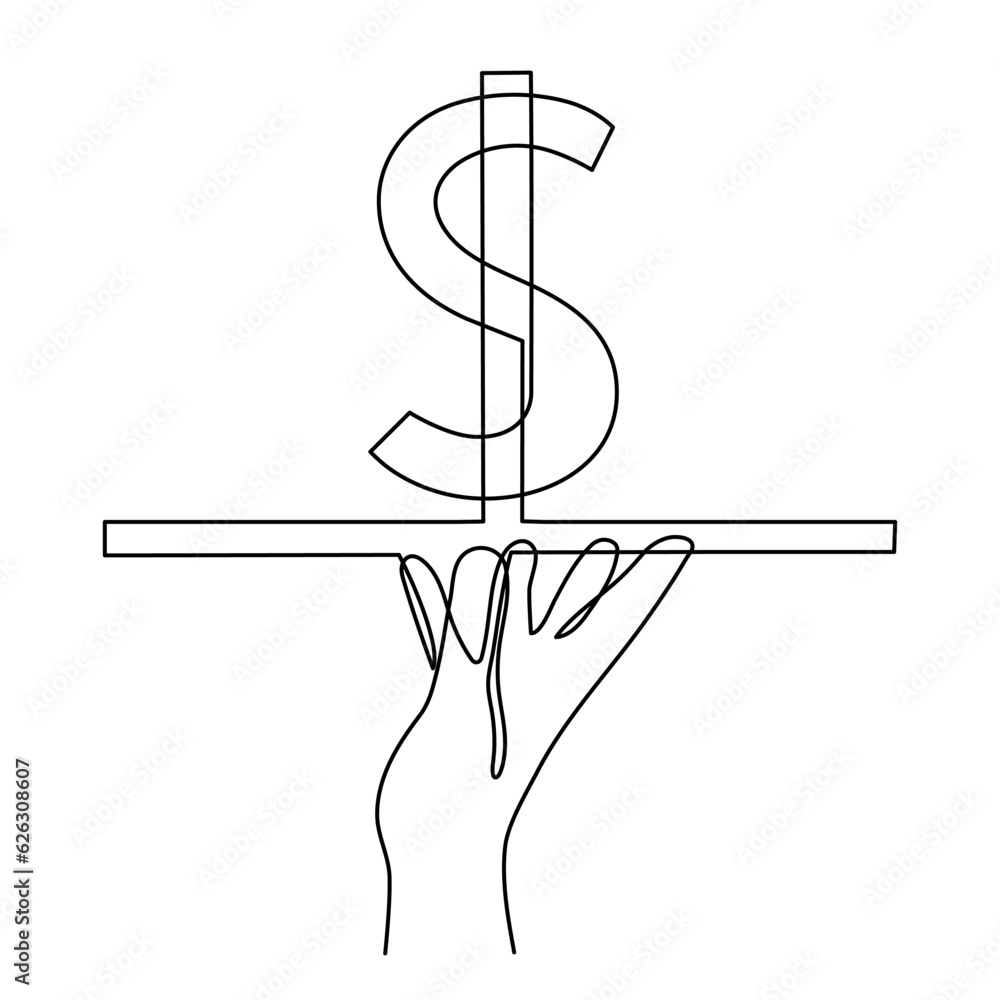 Hand holds dollar sign on tray,one line art,continuous contour drawing ...