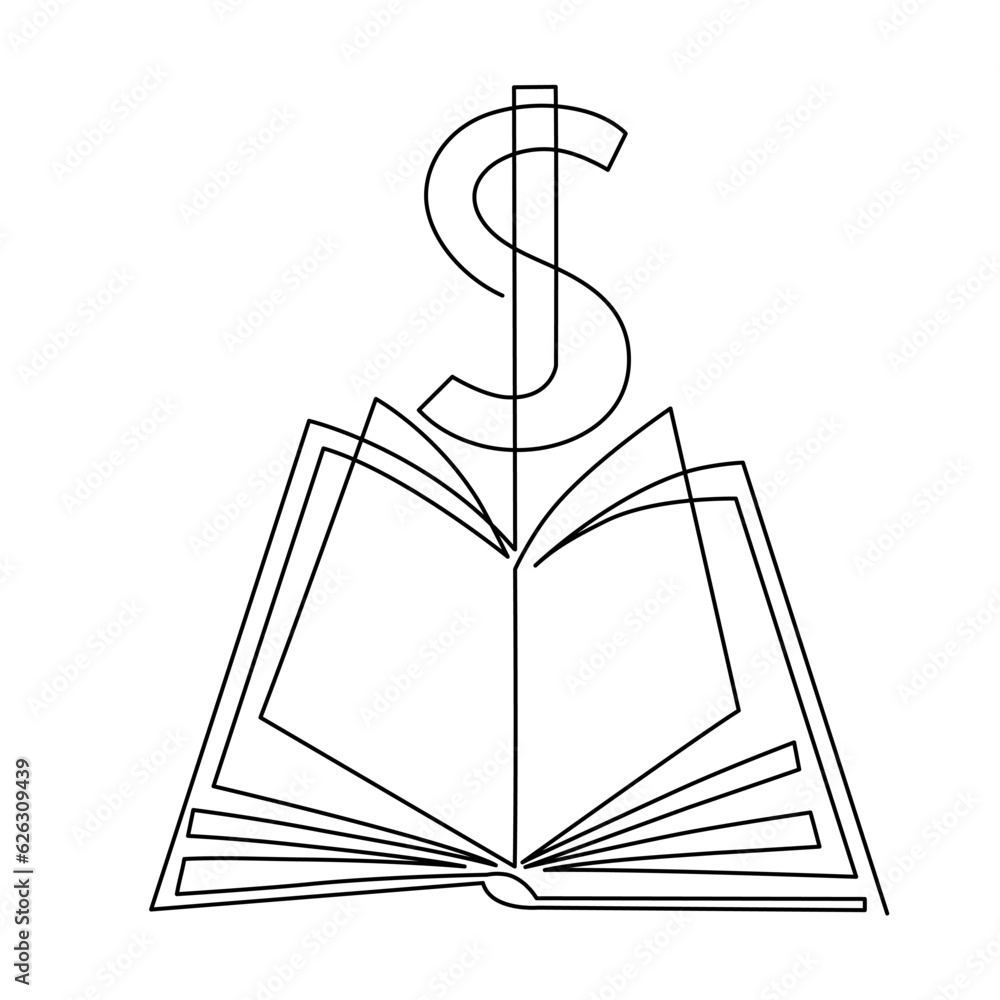 Book with dollar sign one line art,hand drawn continuous currency ...