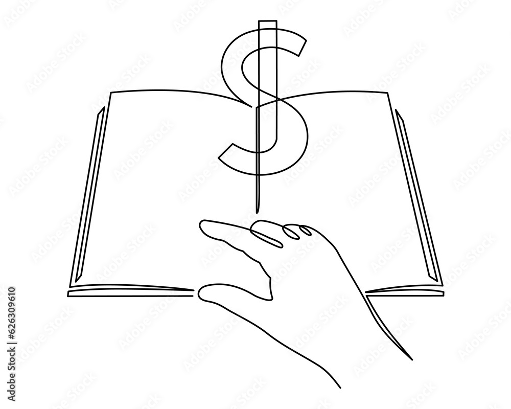 Book with dollar sign one line art,hand drawn continuous currency ...