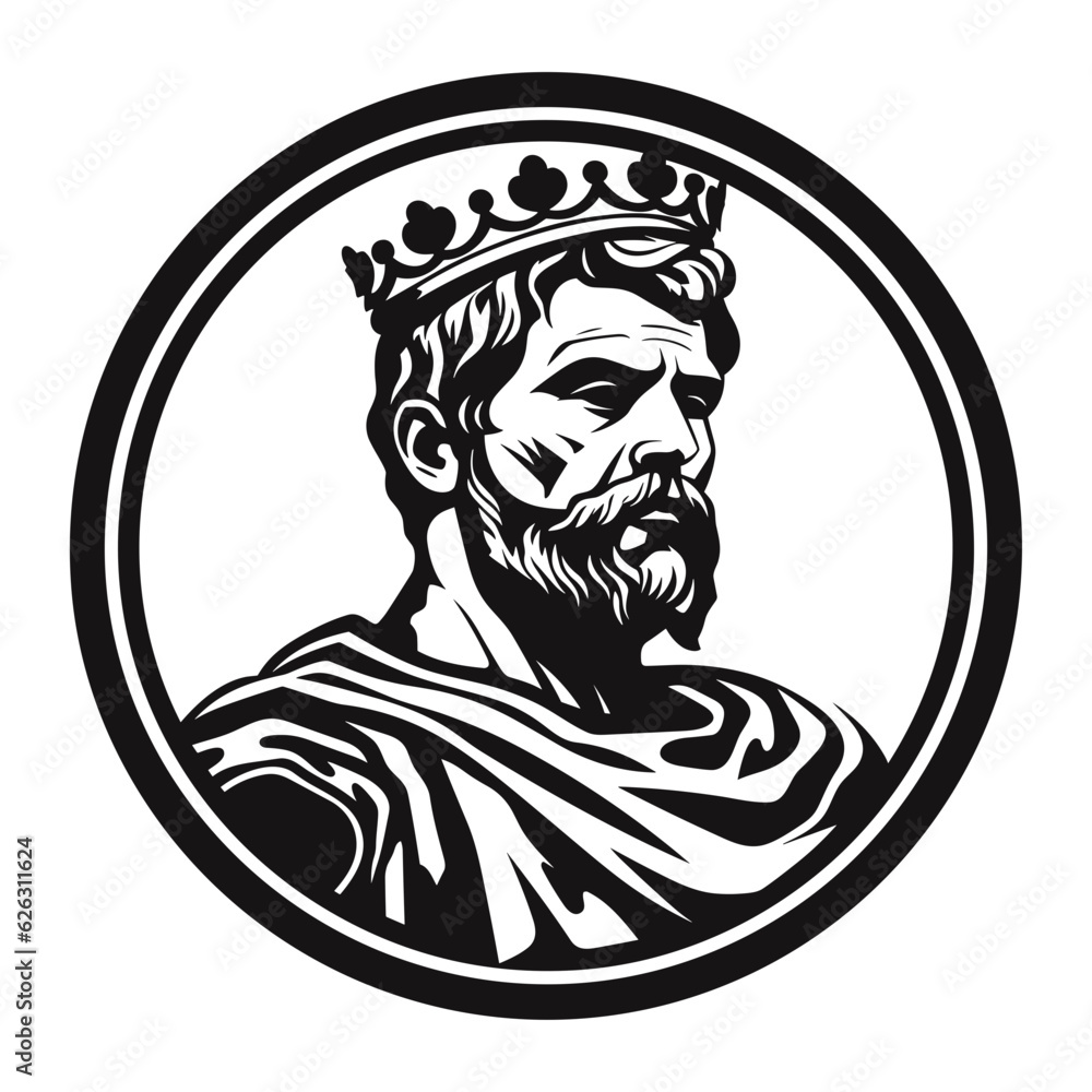 Plakát Portrait of king with crown in circle emblem logo black ...