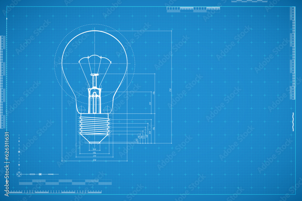 Blueprint of bulb lamp. Concept of design thinking, innovation, new ...