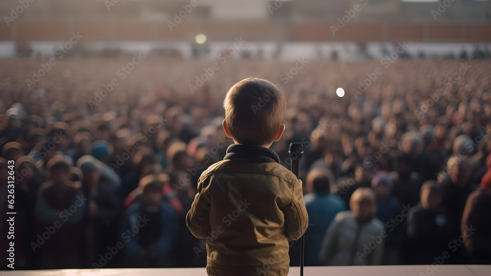 Small child gives a speech on stage in front of thousands people crowd ...