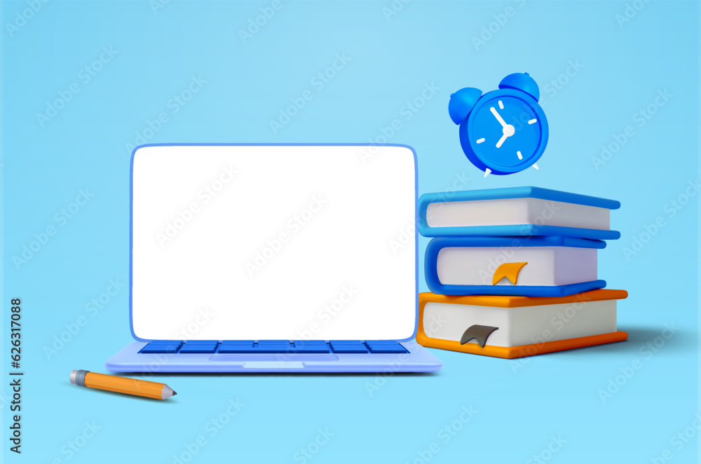 3d blue laptop with pencil, stack of books, bookmark, green alarm clock ...