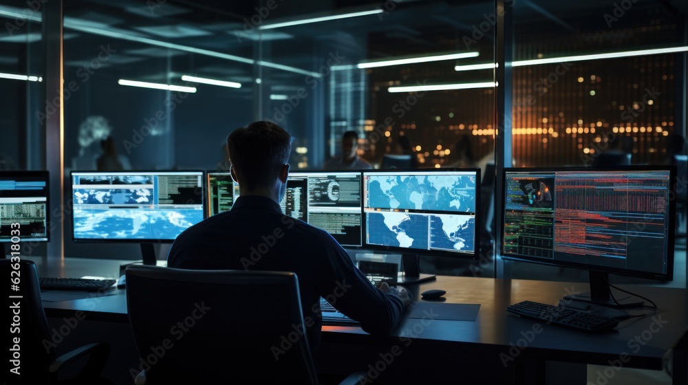 Network operations center ( NOC) with technicians monitoring network traffic, troubleshooting ...