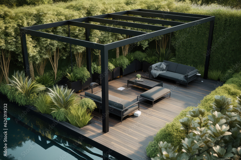 Modern black bio climatic pergola with top view on an outdoor patio ...