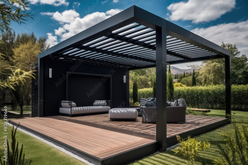 Modern black bio climatic pergola with top view on an outdoor patio ...