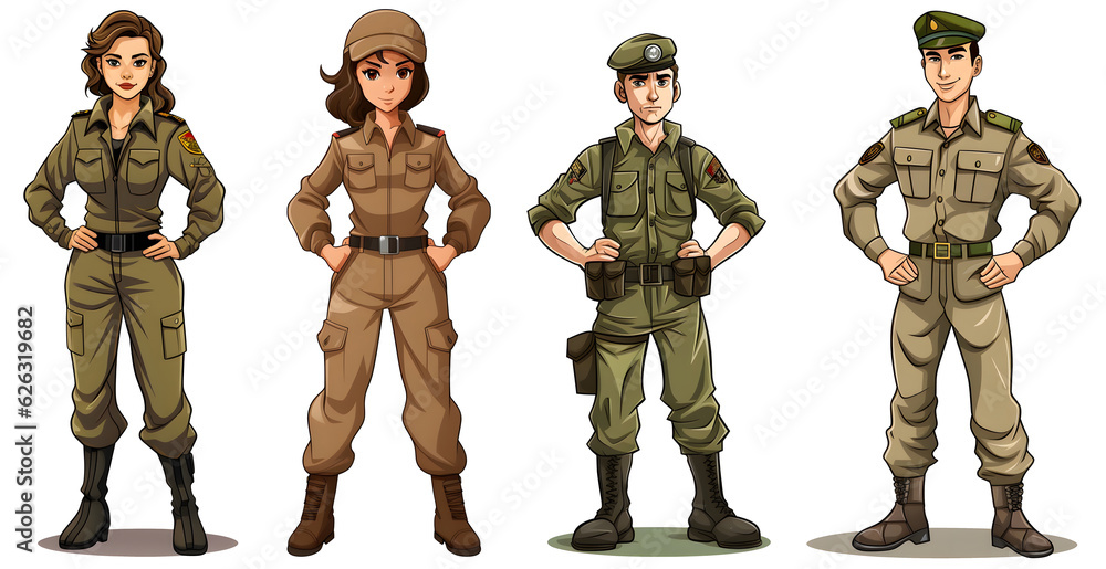 A male, female army soldier cartoon clip art in transparent background ...