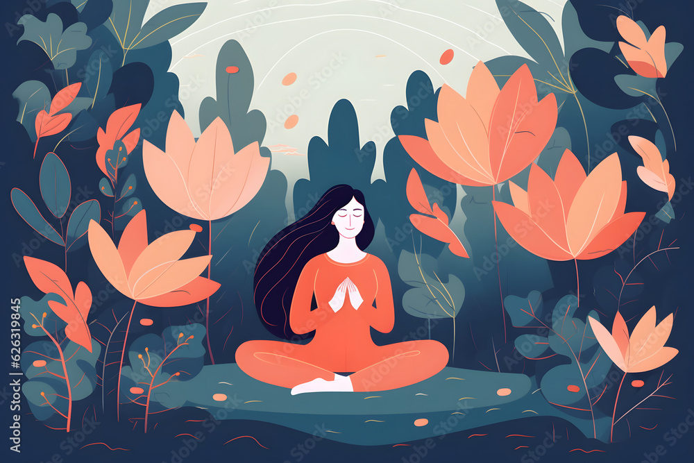 2d flat style illustration of woman meditating in green forest in lotus ...