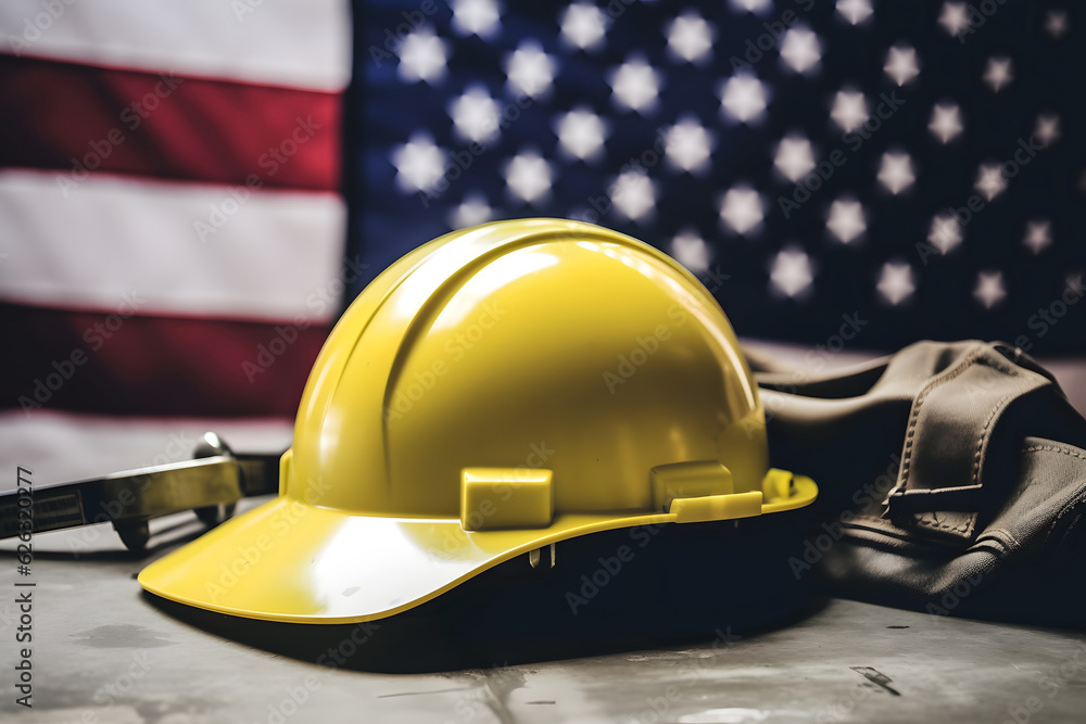 Workwear and yellow hard hat aka safety helmet on United States of ...