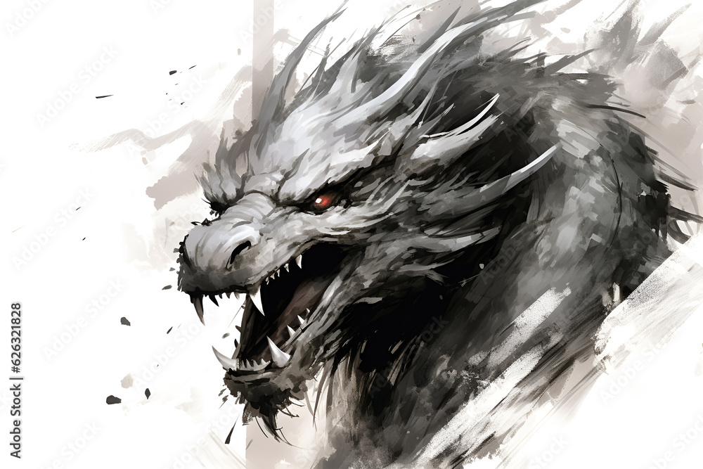 Dragon head Chinese brush stroke calligraphy in black and grey drawing ...