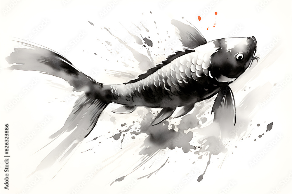 Koi fish illustration in Chinese brush stroke calligraphy in black and ...