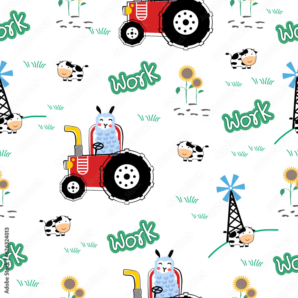 Farm pattern design.Cute tractor ,cute animal ,sunflower ,wind turbine ...