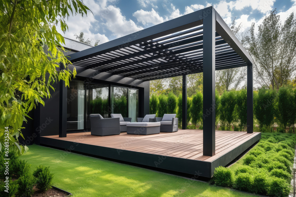Modern black bio climatic pergola with top view on an outdoor patio ...