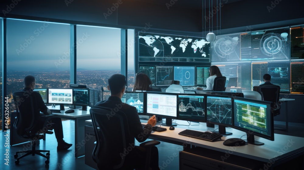 Network operations center ( NOC) with technicians monitoring network ...