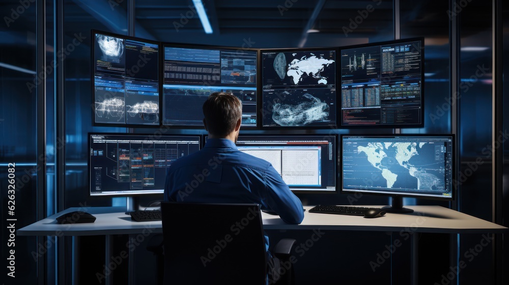 Network operations center ( NOC) with technicians monitoring network traffic, troubleshooting ...
