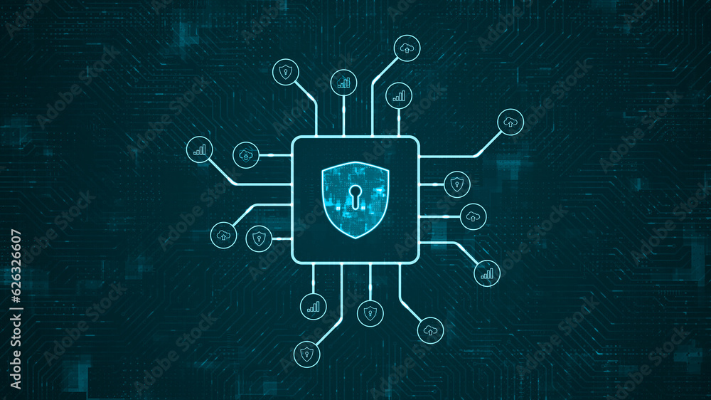 Blue digital security shield logo and futuristic HUD technology circuit ...
