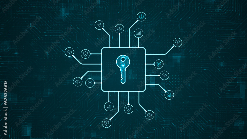 Blue digital security key logo and futuristic HUD technology circuit ...