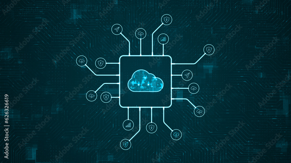 Blue Digital Cloud Computing Logo And Futuristic Hud Technology Circuit Board With Technology
