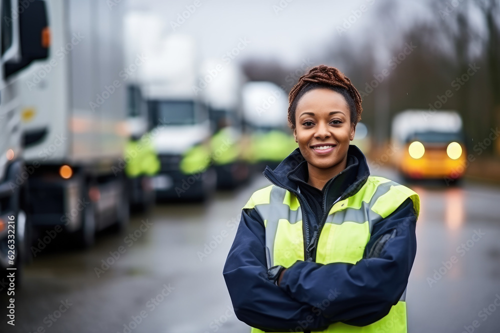 Portrait of a proud smiling female transportation inspector standing in ...