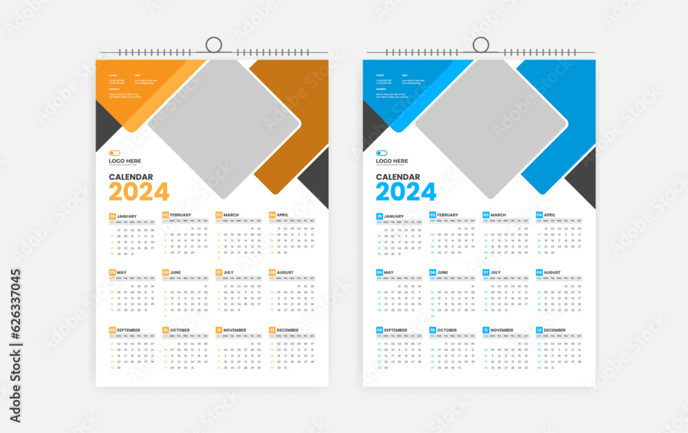 2024 One page wall calendar design template, modern 12 months one page ...