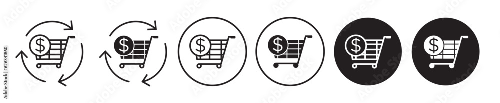 Purchase history icon set. purchase order cart or basket with dollar ...
